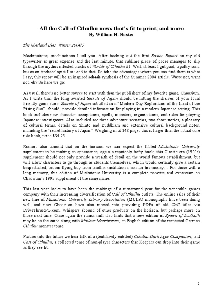All the Call of Cthulhu news that's fit to print | PDF | Cthulhu | H. P ...