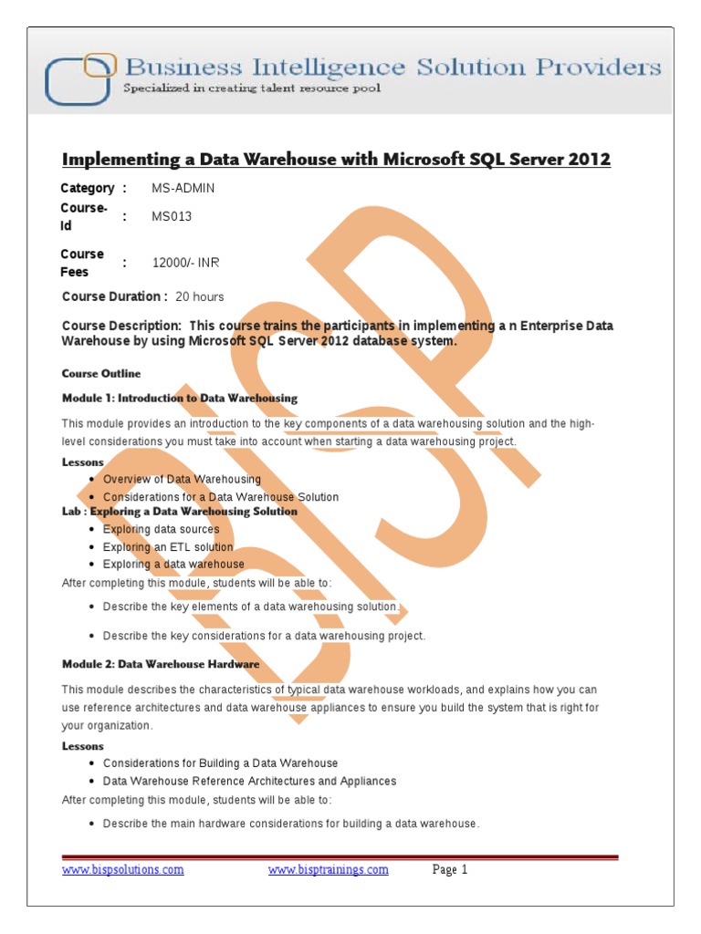 Implementing A Data Warehouse With Microsoft SQL Server 2012 | PDF ...