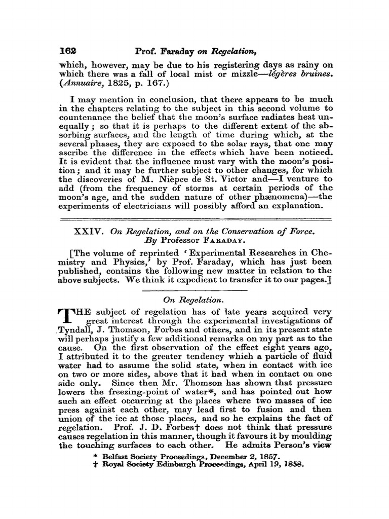 Faraday, "On Regelation and The Conservation of Force" | PDF | Ice | Force