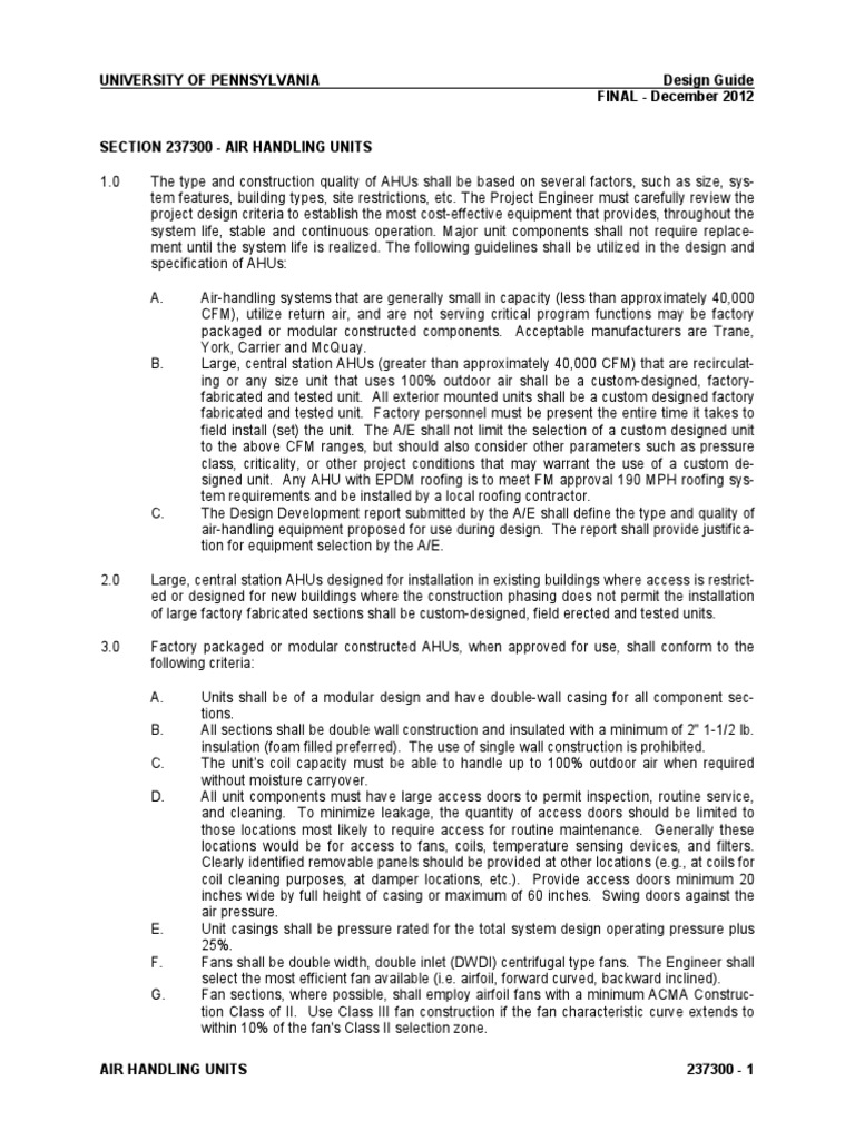 Air Handling Units Design Guidelines | PDF