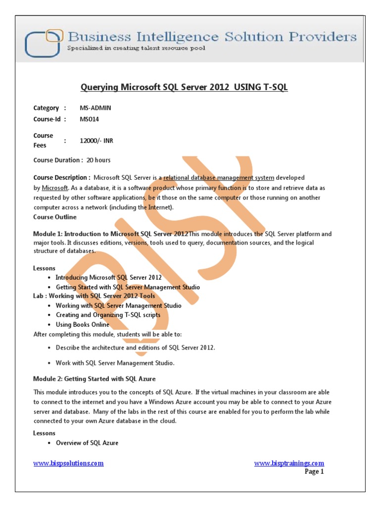 Microsoft Sql Server 2012 T Sql Pdf Microsoft Sql Server Database Transaction
