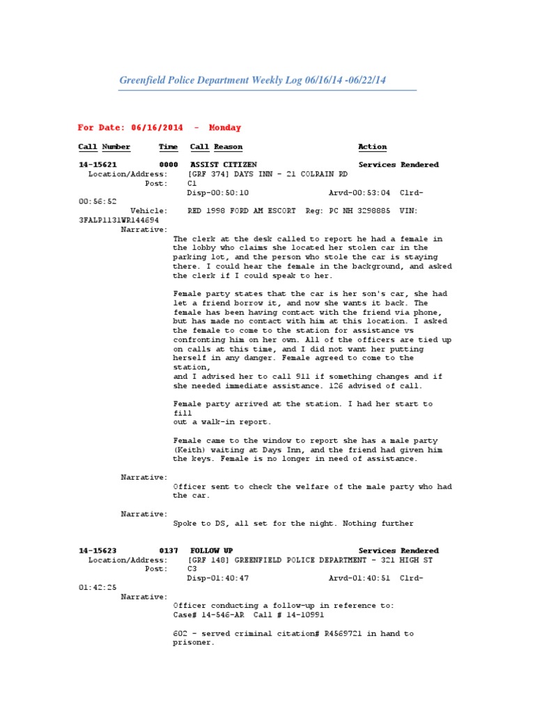 Greenfield Police Log 06/16/14 Through 06/22/14 | PDF | Traffic ...