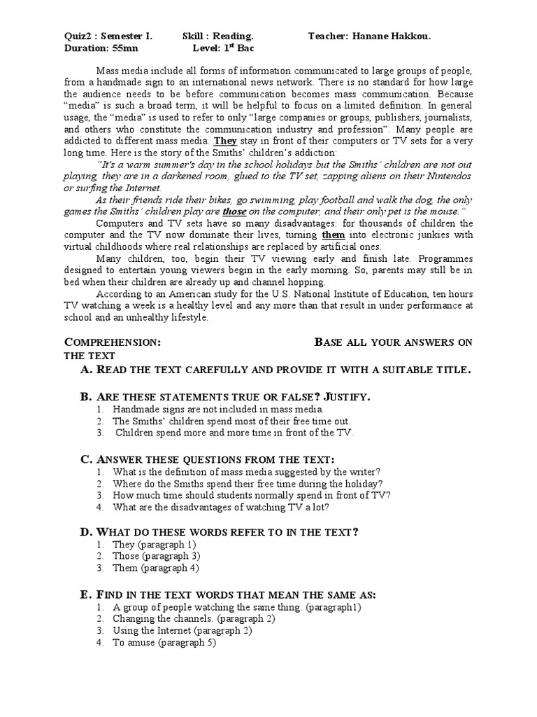 1 ST Bac Reading Comprehension | PDF | Mass Media | Semiotics