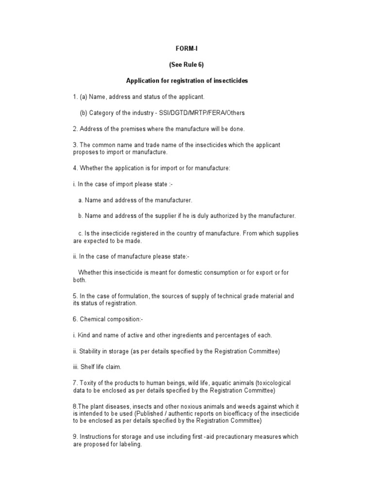Form-I (See Rule 6) Application For Registration of Insecticides | PDF ...