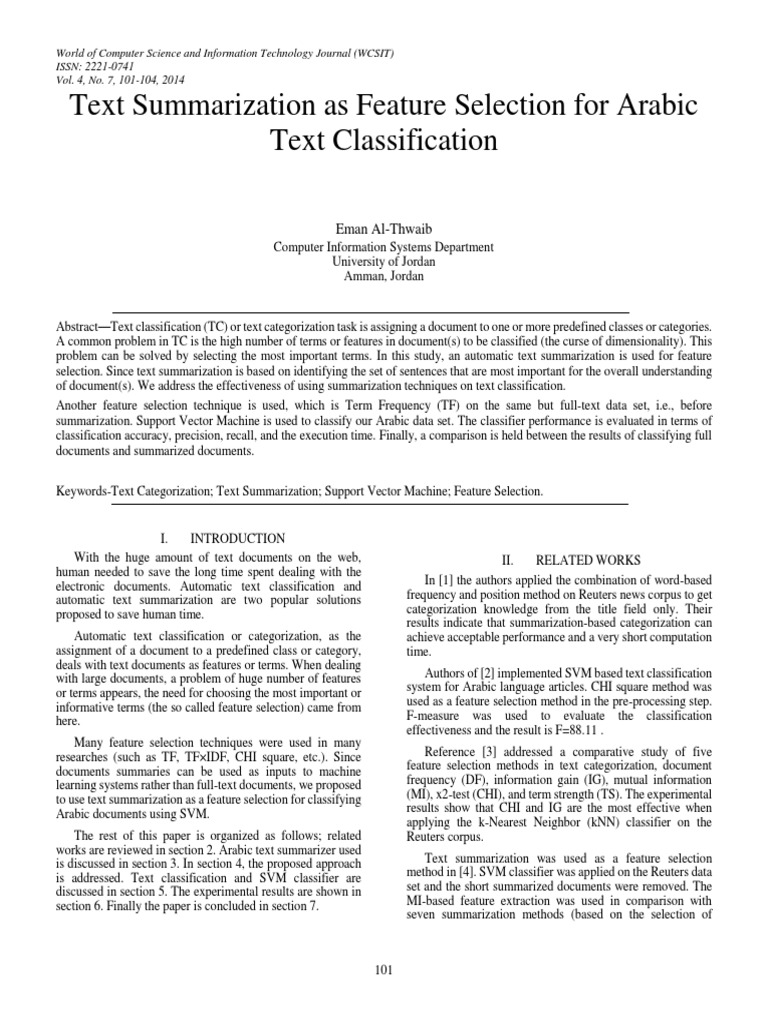 Text Summarization As Feature Selection For Arabic Text Classification | Download Free PDF ...