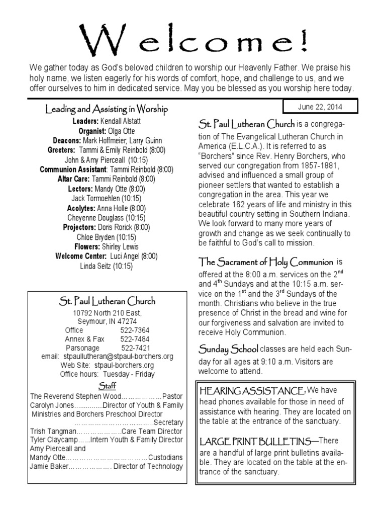 Sunday Bulletin, June 22 | PDF | Eucharist | Lutheranism