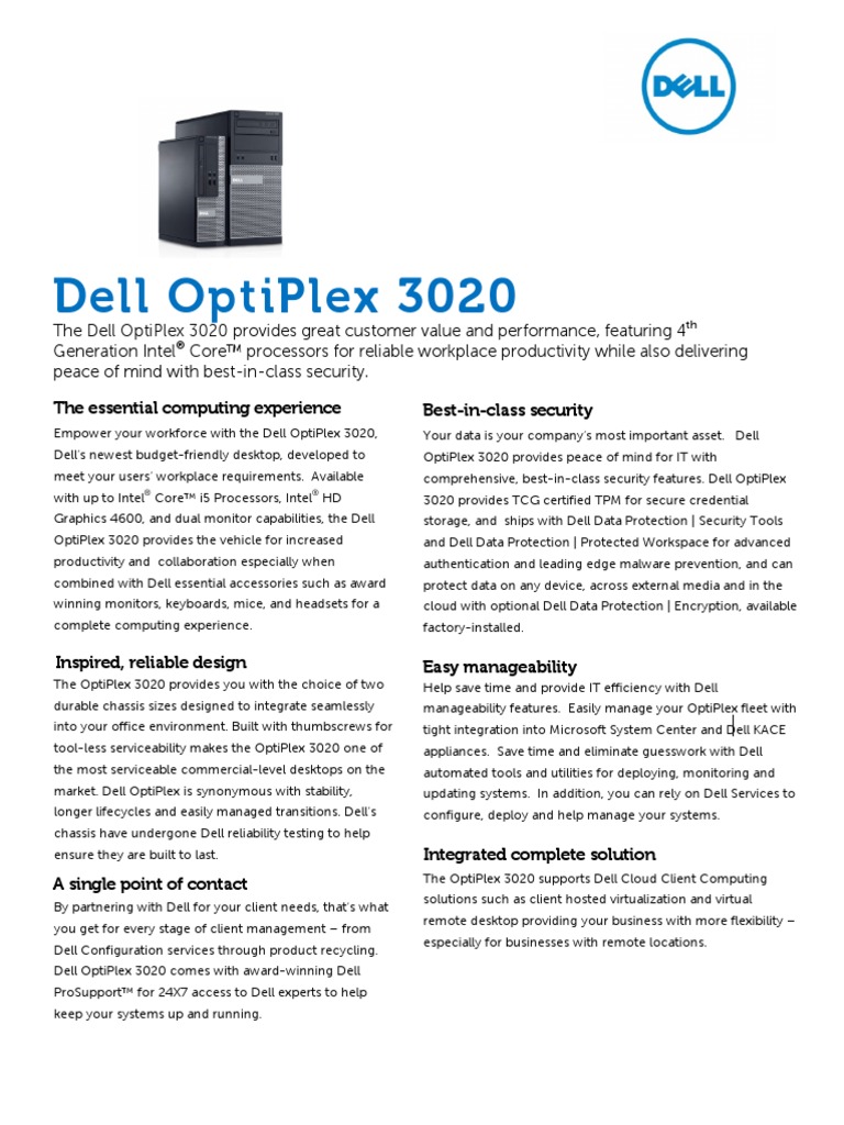 Dell OptiPlex 3020 Spec Sheet | Dell | Office Equipment
