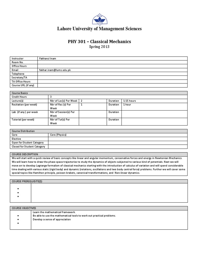 PHY 301-Classical Mechanics-Dr (1) - Fakhar Ul Inam | PDF | Dynamical System | Classical Mechanics
