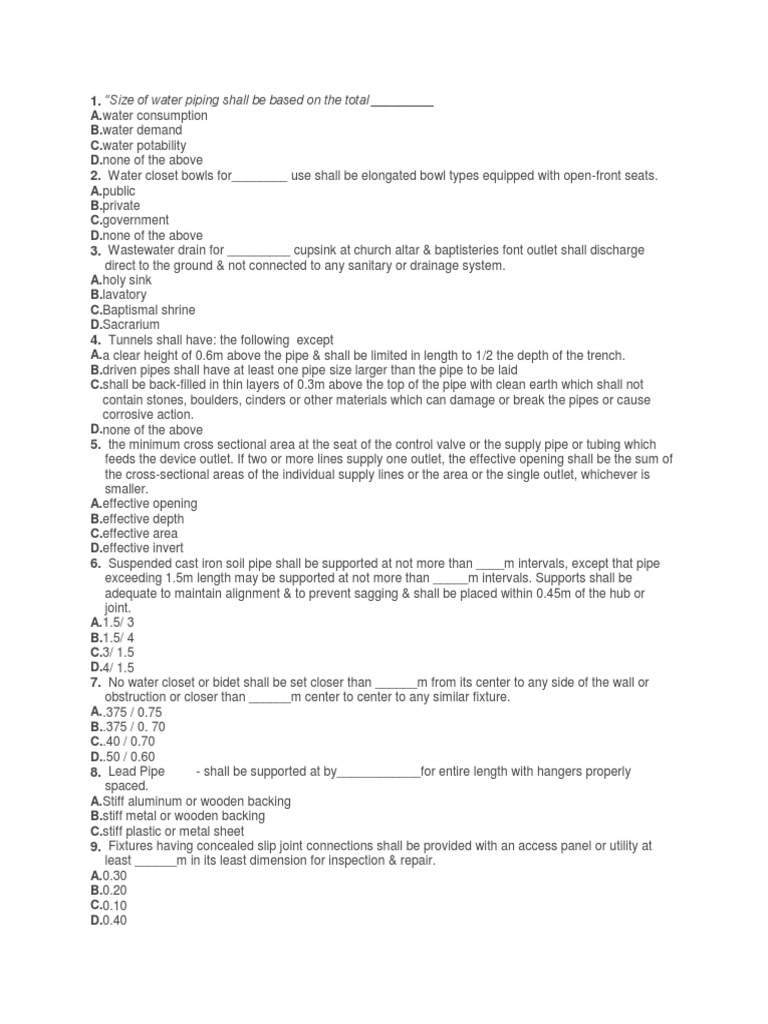 Plumbing Code Quiz | PDF | Plumbing | Pipe (Fluid Conveyance)