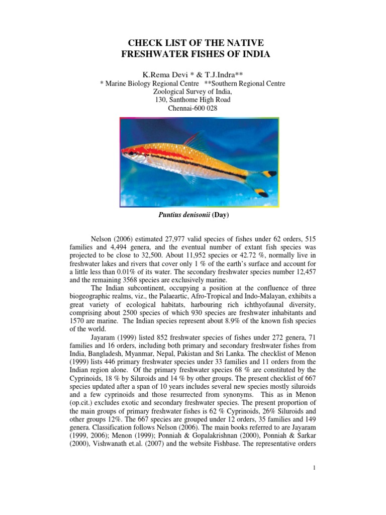 Native Freshwater Fishes of India | PDF