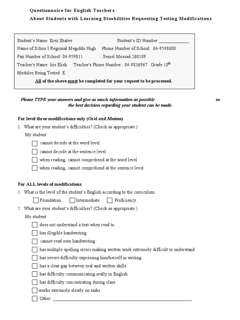 Learning Disabilities Questionnaire for Teachers | PDF | Learning ...