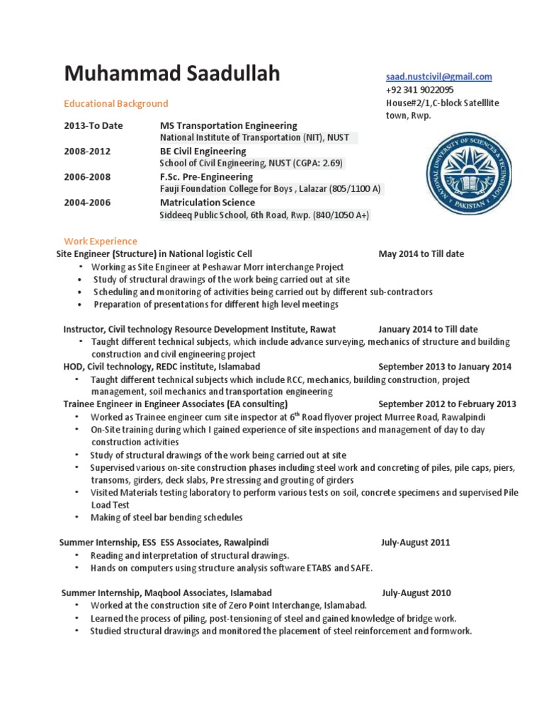 Muhammad Saadullah's Educational and Professional Summary | PDF | Structural Engineering | Civil ...