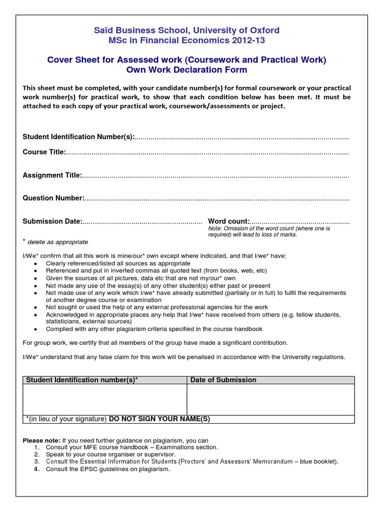 Practical Work Cover Sheet Oxford | PDF | Plagiarism | Test (Assessment)