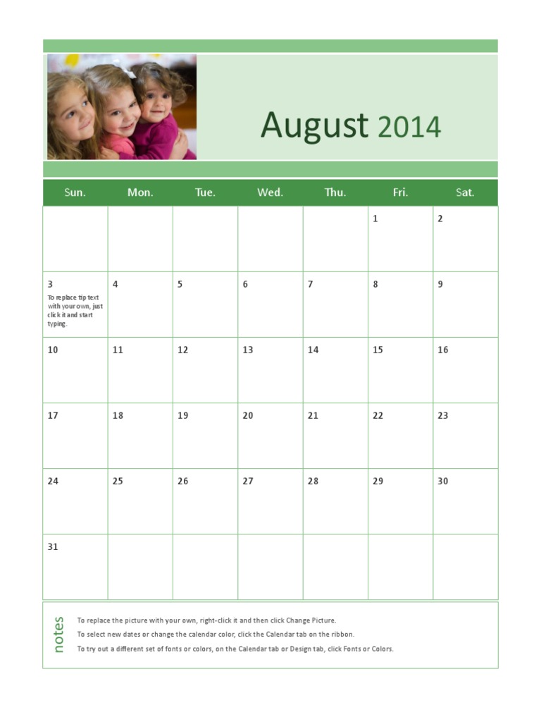 August 2014 Calendar Template | PDF