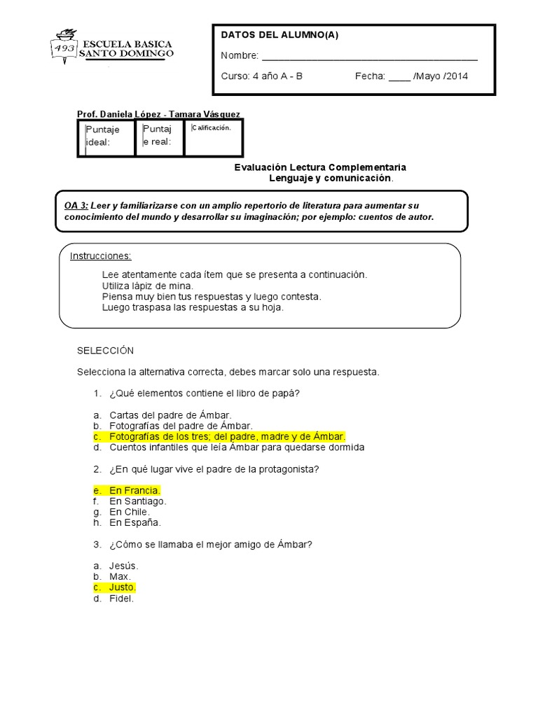 Evaluación Mayo Lenguaje Lectura Complementaria Ambar en Cuarto y Sin Su Amigo Con Respuestas ...