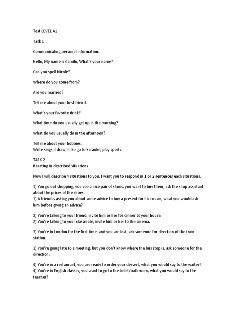 A1 Speaking Test Practice Guide | PDF
