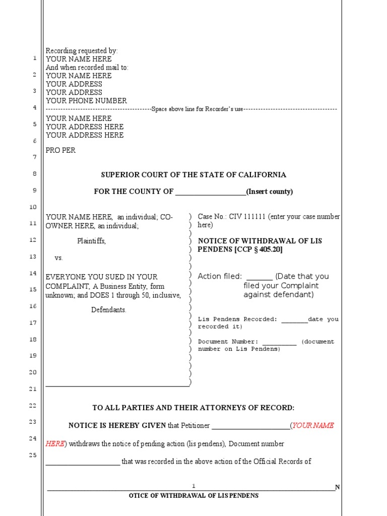 Notice of Withdrawal of Lis Pendens FILLABLE | PDF