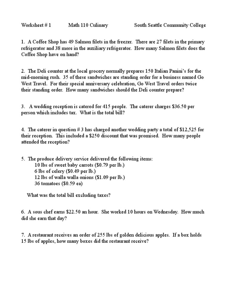 Culinary Math Worksheet | PDF