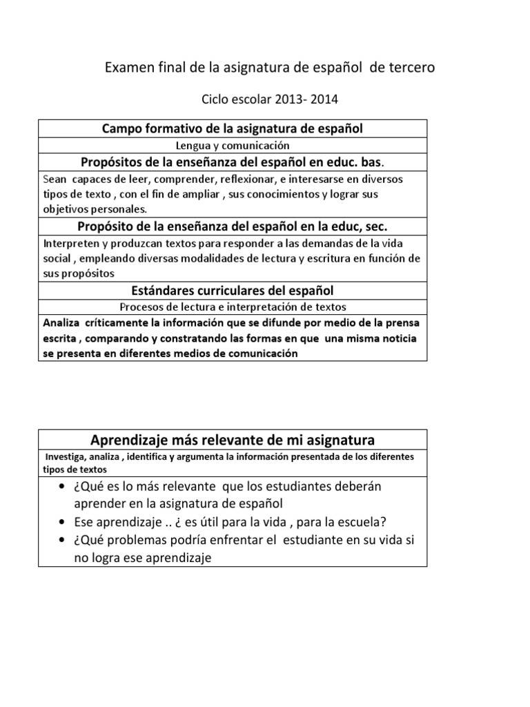 Examen Final de Español Tercero 2014 | PDF | Lengua española | Prueba ...