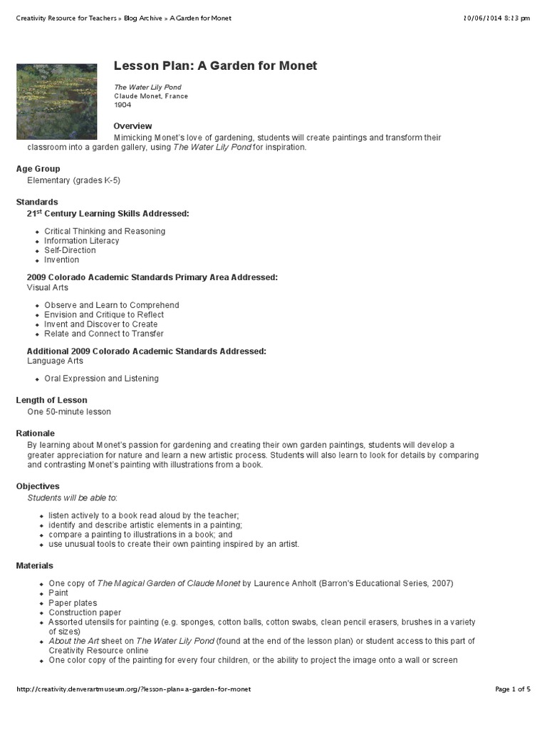 Creativity Resource For Teachers Blog Archive A Garden For Monet | PDF ...
