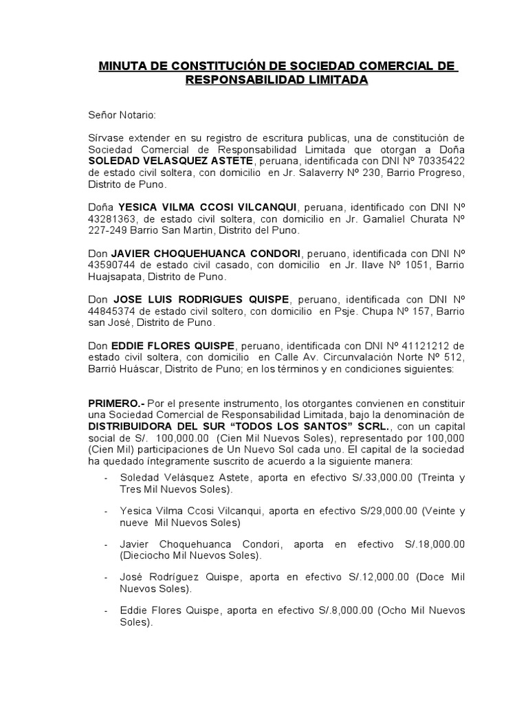 Minuta de Constitución de Sociedad de Responsabilidad Limitada y Acta | PDF | Corporaciones ...