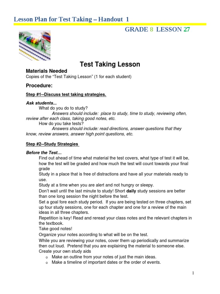 Lesson Plan For Test Taking - Handout 1 Grade Lesson | PDF | Test ...