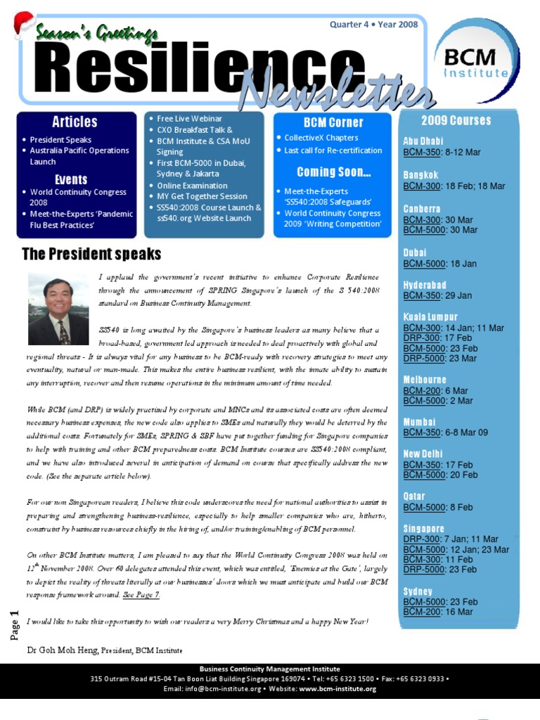 Business Continuity Management BCM Institute Resilience Newsletter Q4 ...