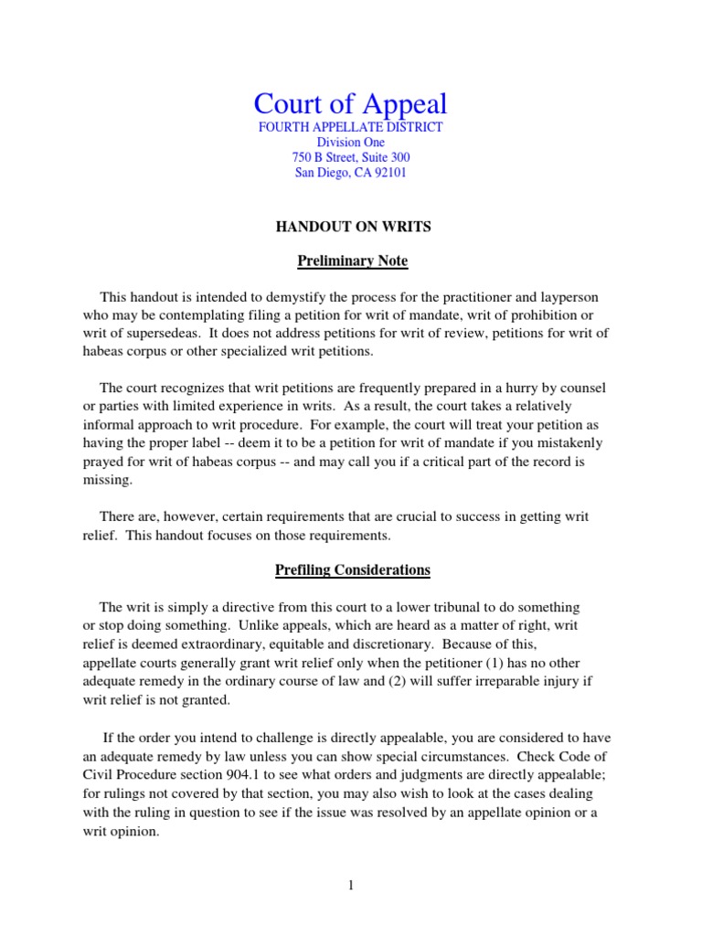 Writs Handout | PDF | Writ | Mandamus
