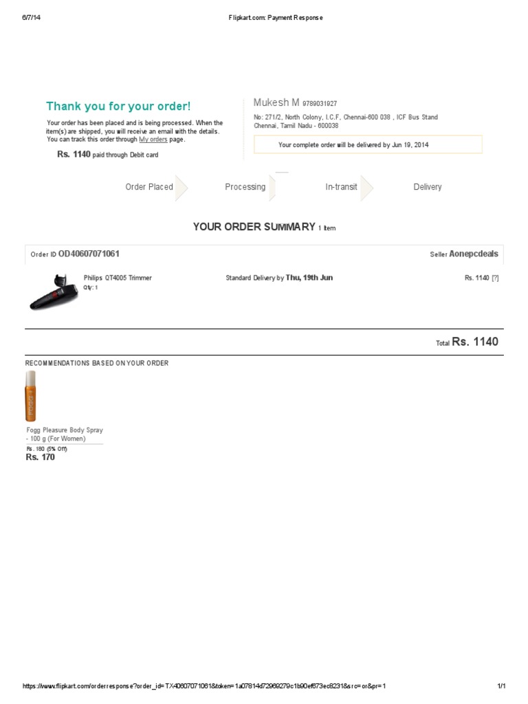 Flipkart Order Confirmation Summary | PDF