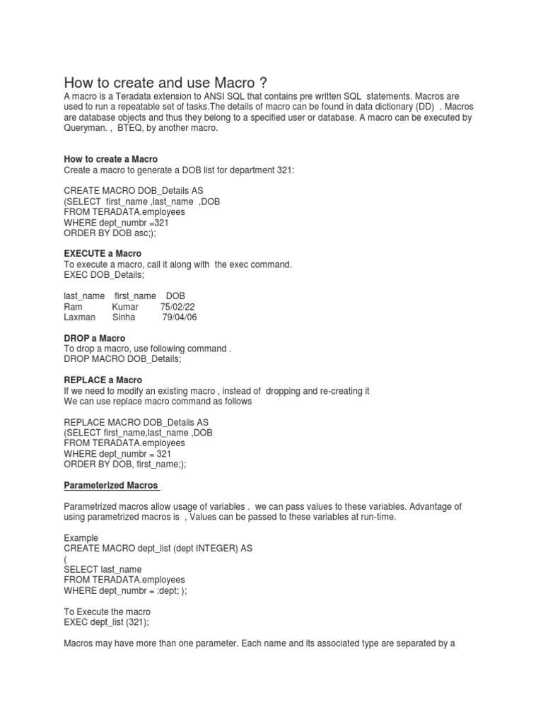 Teradata Macros & BTEQ Guide | PDF | Sql | Parameter (Computer Programming)