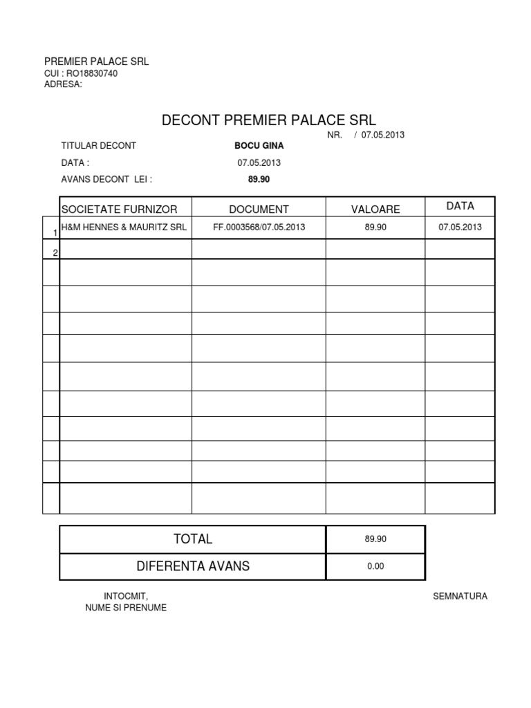 Decont Premier Palace SRL: Societate Furnizor Document Valoare Data | PDF