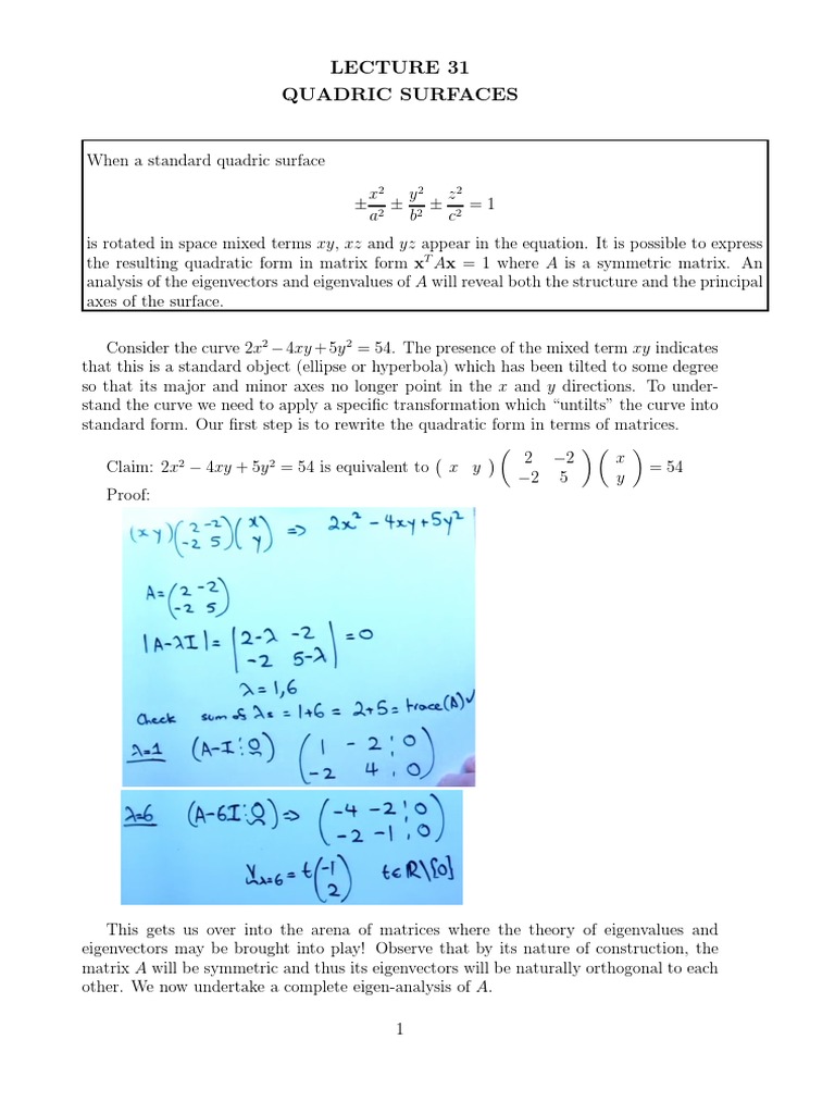 Understanding Quadric Surfaces and Eigenanalysis | PDF | Eigenvalues ...