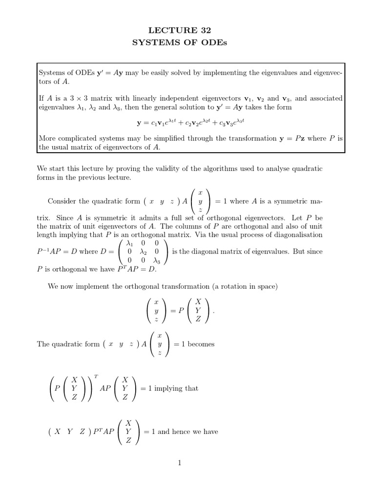 Student Lecture 32 Systems of ODEs | PDF | Eigenvalues And Eigenvectors | Matrix Theory