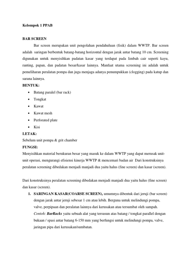 Fungsi dan Jenis Bar Screen dalam WWTP | PDF | Teknologi & Rekayasa