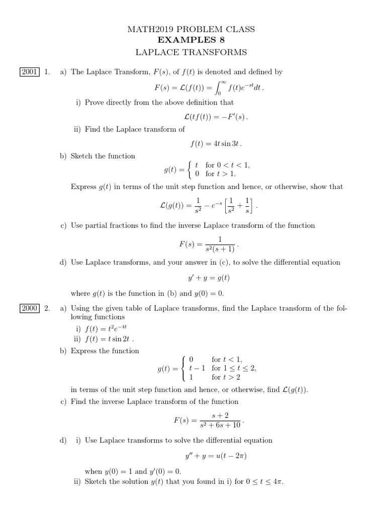 Math2019 Problem Class Examples 8 Laplace Transforms | PDF | Laplace Transform | Function ...
