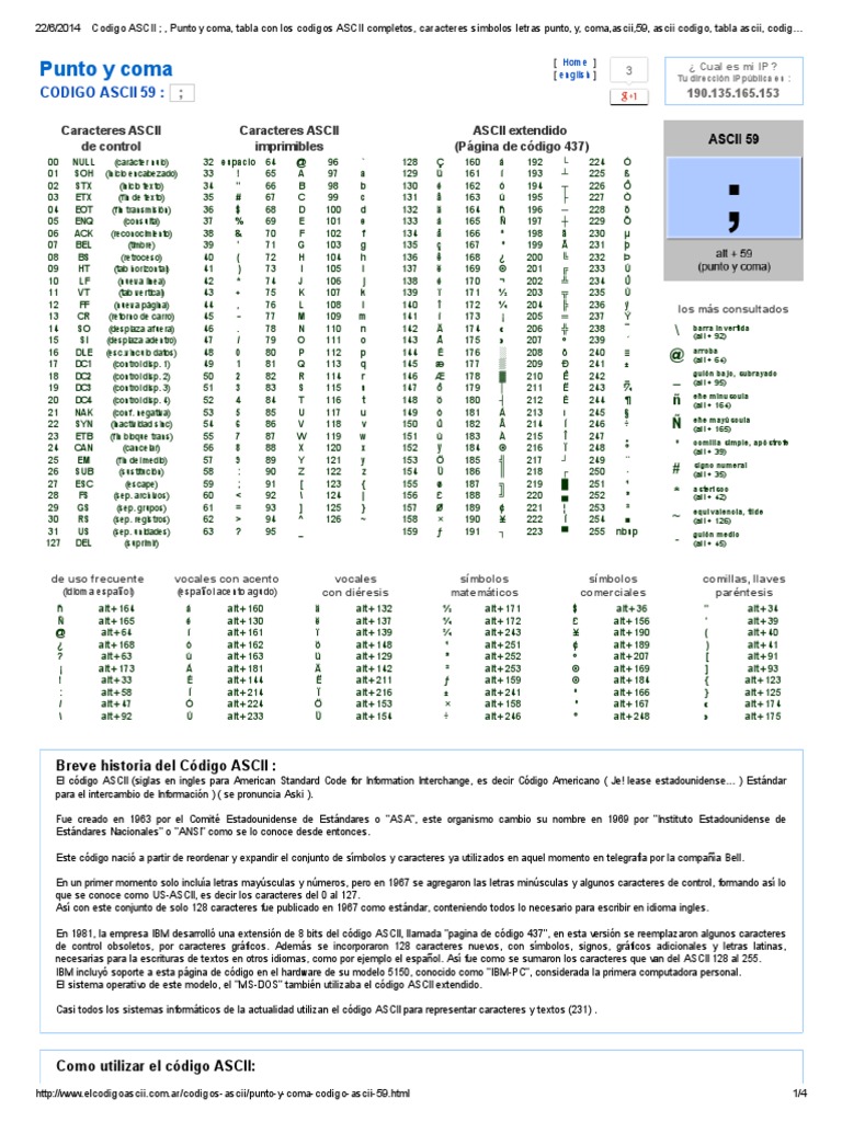 Codigo ASCII ; , Punto y Coma, Tabla Con Los Codigos ASCII Completos ...