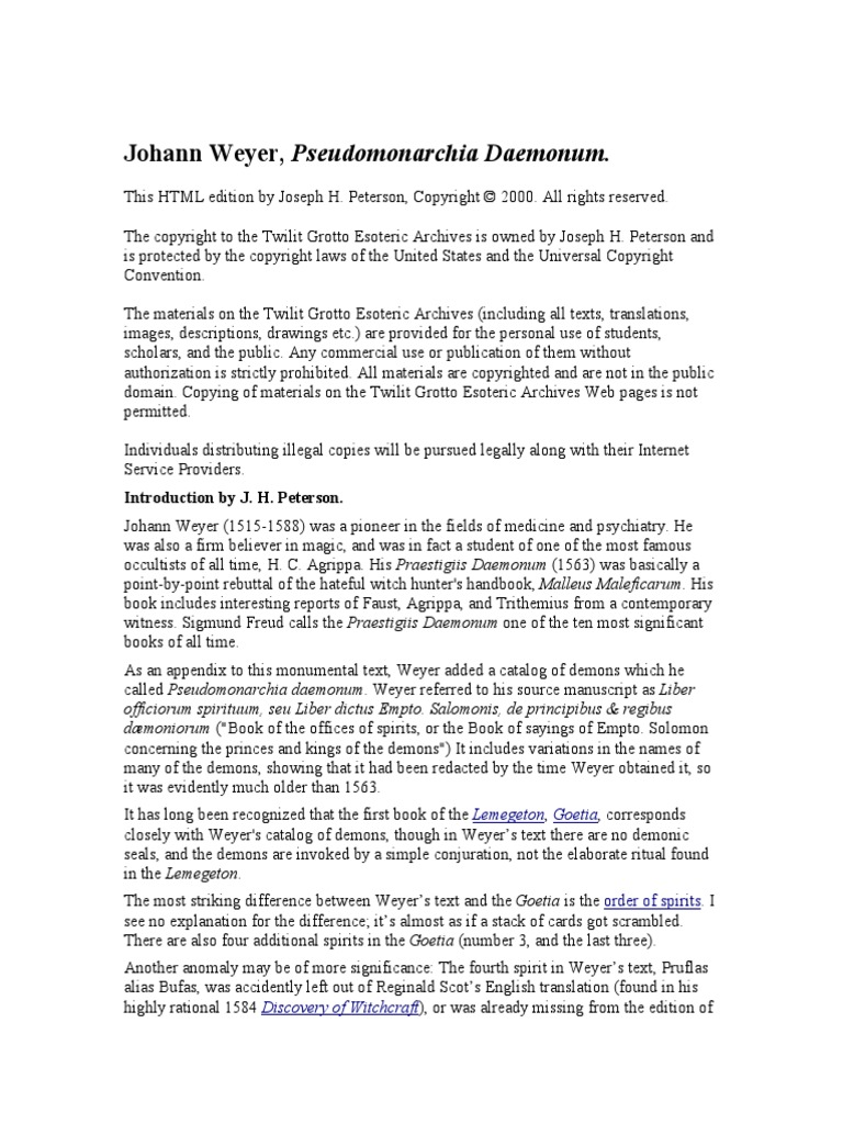 Pseudomonarchia Daemonum by Johan Weyer | PDF