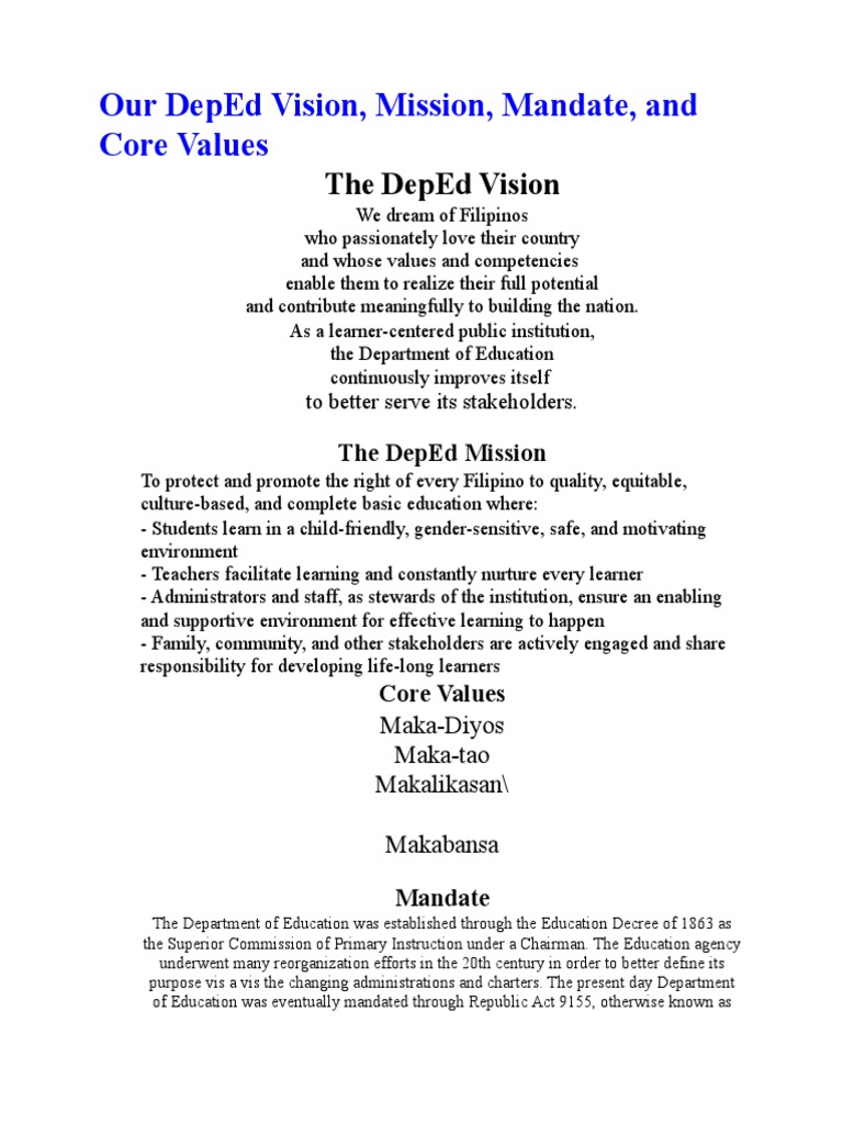 DepEd Vision, Mission, and Mandate | PDF
