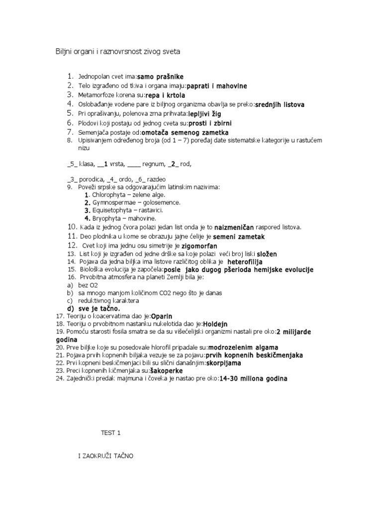 Testovi Biologija | PDF