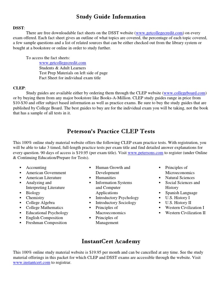 CLEP & DSST Study Guide Info | PDF | College Level Examination Program ...