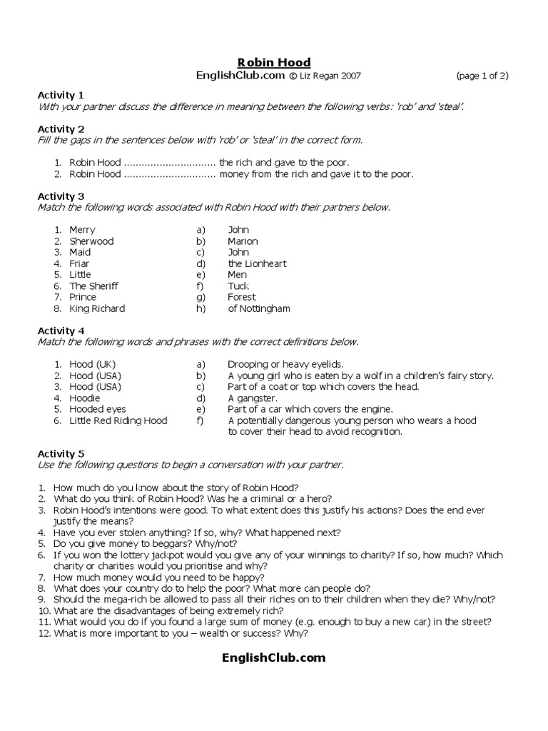 Robin Hood: Activity 1 | PDF | Robin Hood | Grammar