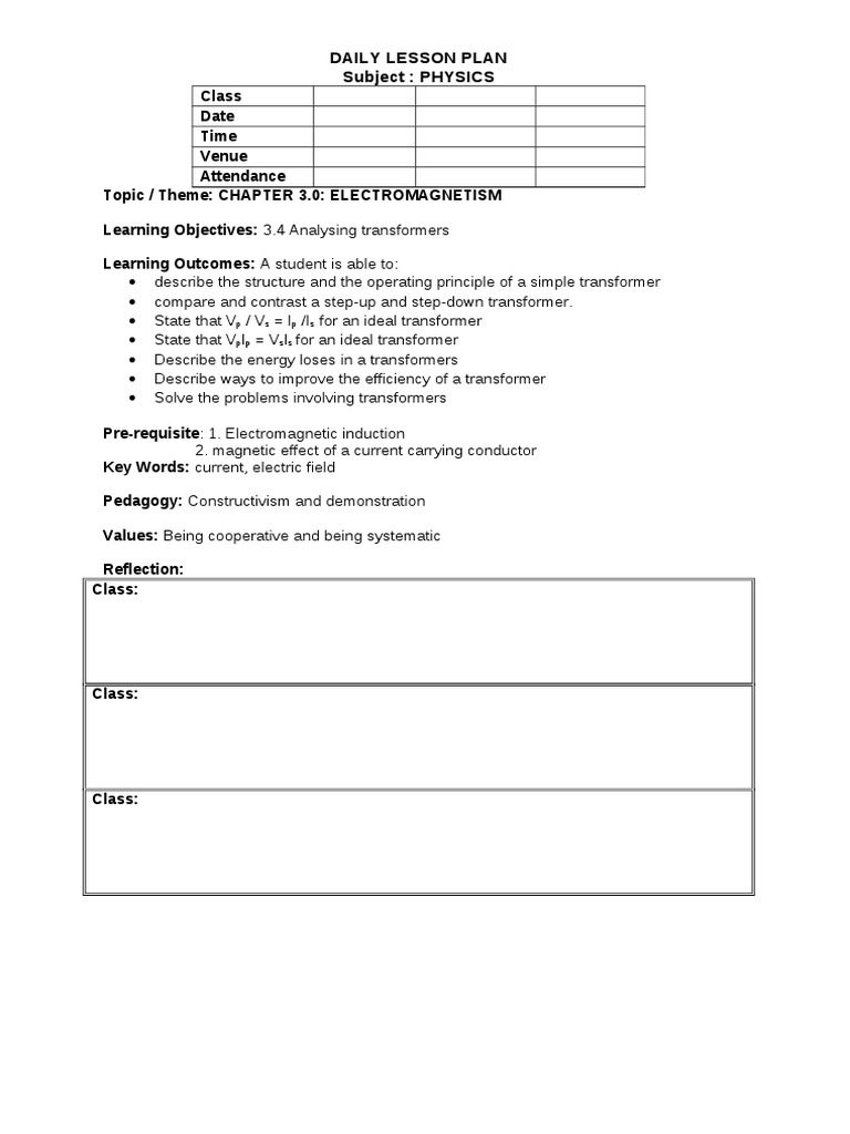Daily Lesson Plan Subject: PHYSICS: P S P S P P S S | PDF | Inductor | Transformer