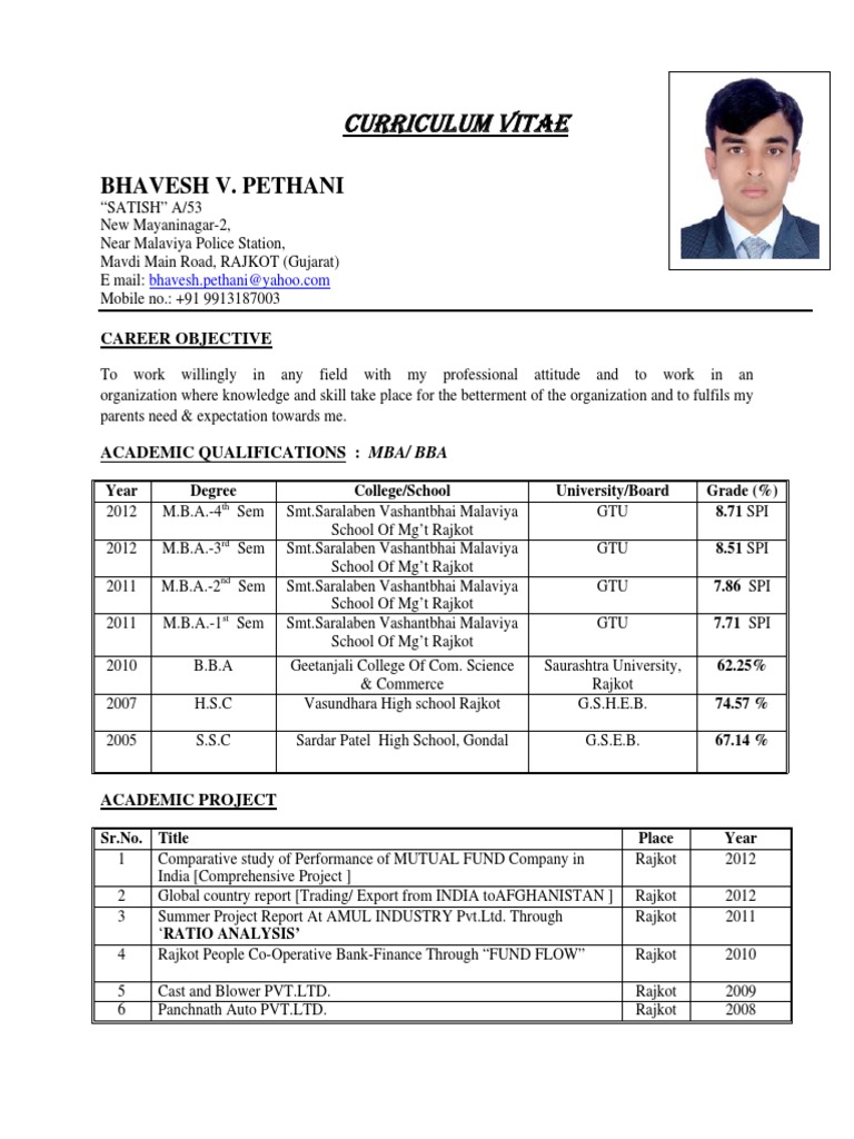 Bhavesh Pethani .CV | PDF | Master Of Business Administration | Economies