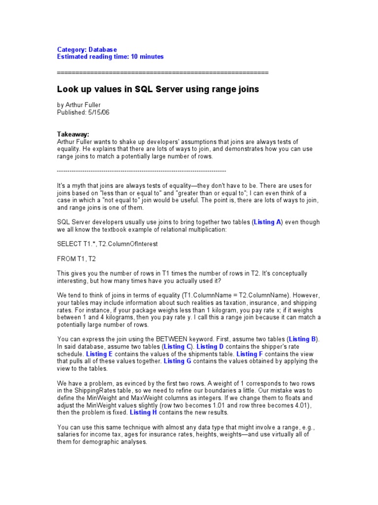 Look Up Values in SQL Server Using Range Joins: Category: Database ...