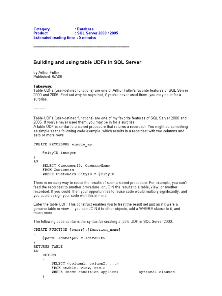 ARTICLE 20060808 Building and Using Table UDFs in SQL Server | PDF ...