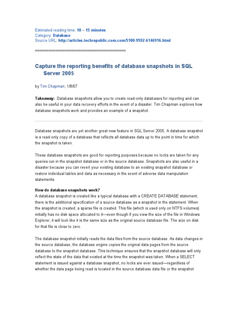 Capture The Reporting Benefits of Database Snapshots in SQL Server 2005 | PDF | Databases ...