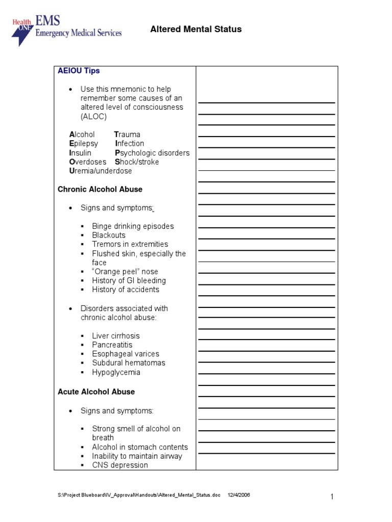 AEIOU Tips for Altered Mental Status | PDF | Hypoglycemia | Naloxone