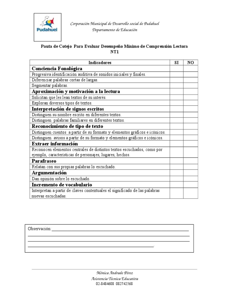 Pauta de Cotejo: Comprensión Lectora NT1 a 4° Básico | PDF ...