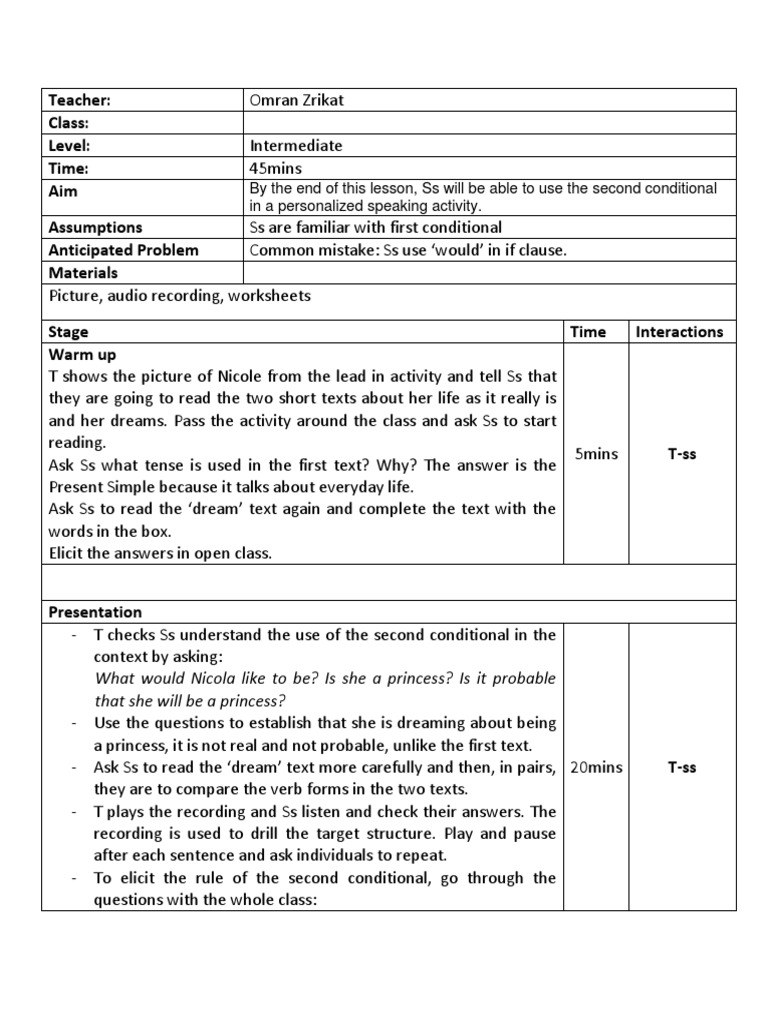 Lesson Plan-Second Conditional | PDF | Language Mechanics | Style (Fiction)