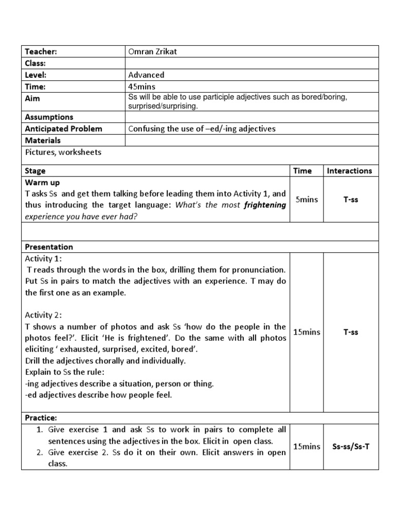 Lesson Plan-Participle Adjectives | PDF